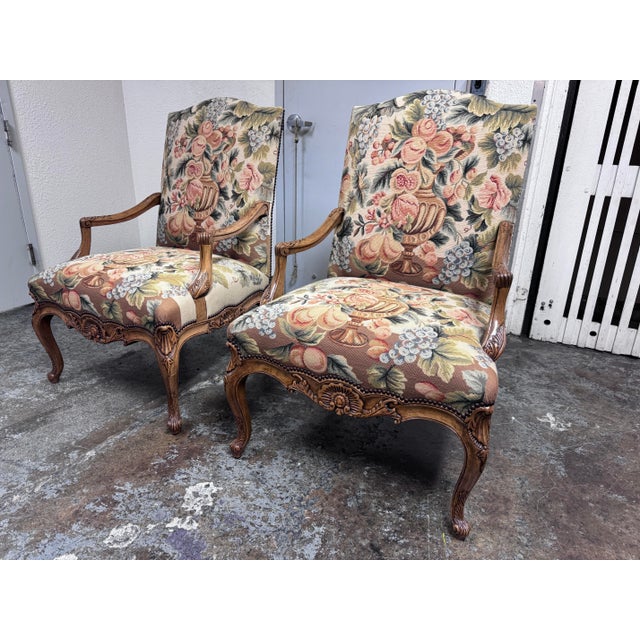French Regency Louis XV Style Fauteuil Arm Chairs, a Pair. | Chairish