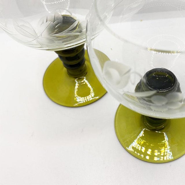 Vintage Green Etched Wine Glasses Pair Chairish