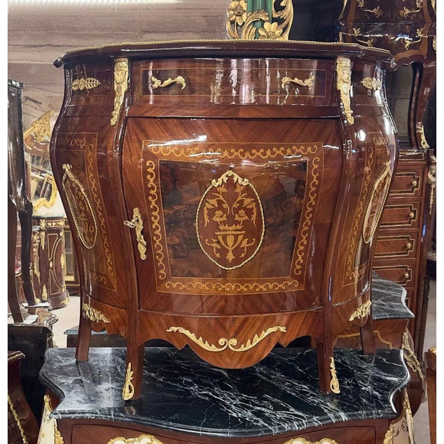 French Louis XVI Style Marquetry Commode With Gold Details | Chairish