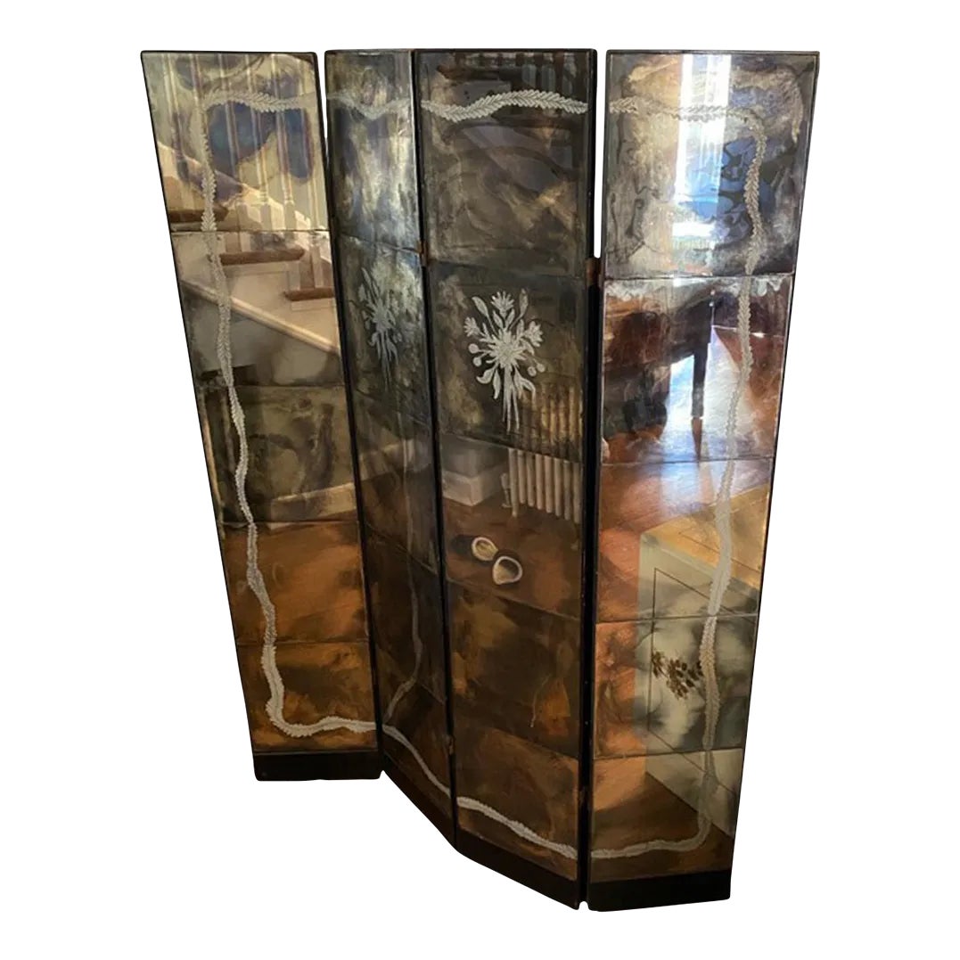 1940s Four Panel Eglomise Mirrored Room Screen | Chairish