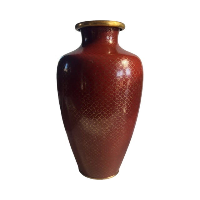 Vintage Mid-20th Century Cloisonne Fish Scale Wine Red Vase | Chairish