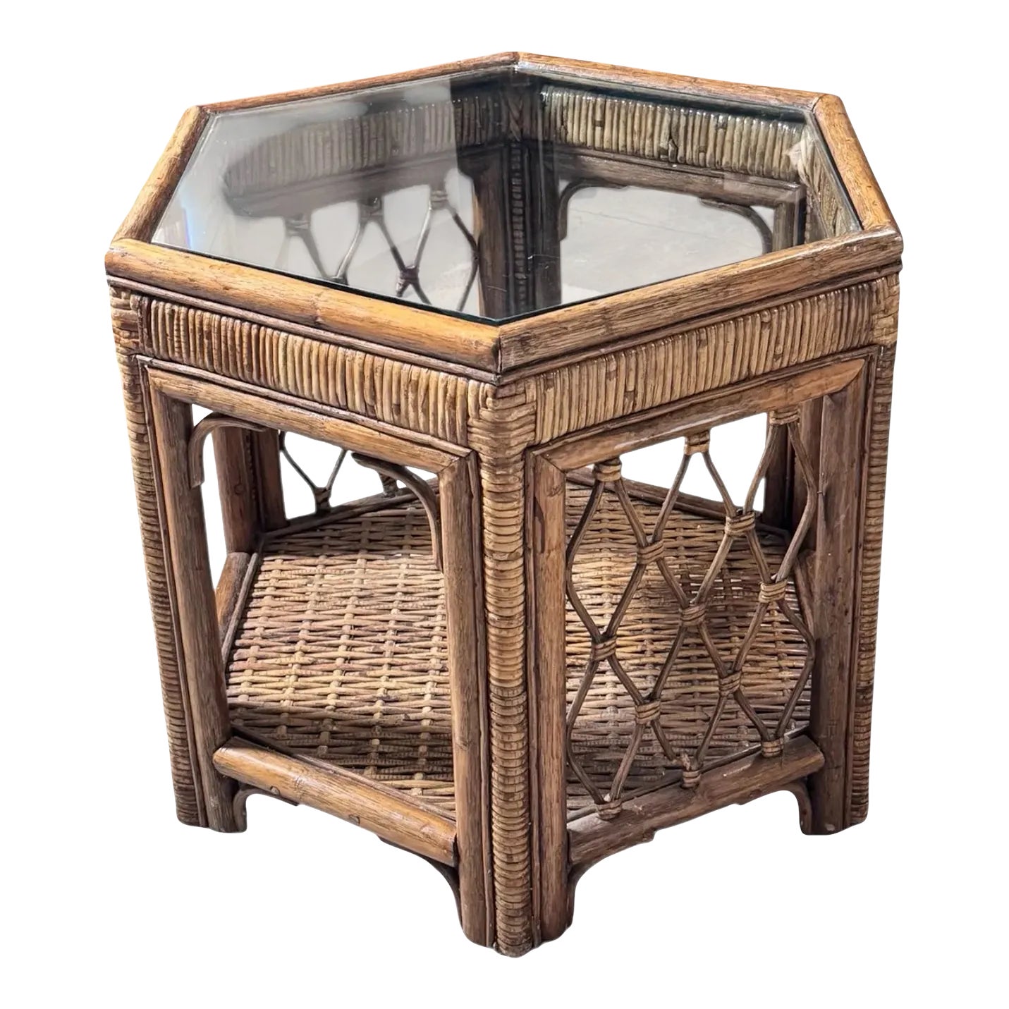 1970s Oversized Rattan and Wicker With Glass Top Hexagon End Table ...