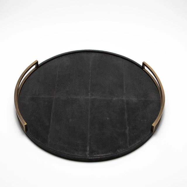 Extra Large Round Tray in Black Shagreen With Bronze Patina Brass by R ...