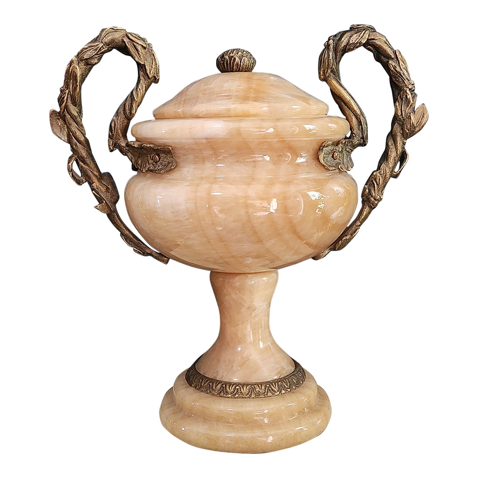 Mid 20th Century Solid Alabaster and Brass Urn | Chairish
