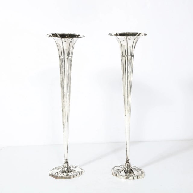 Pair of 1930s Art Deco Silver Plate Fluted Trumpet Vases | Chairish