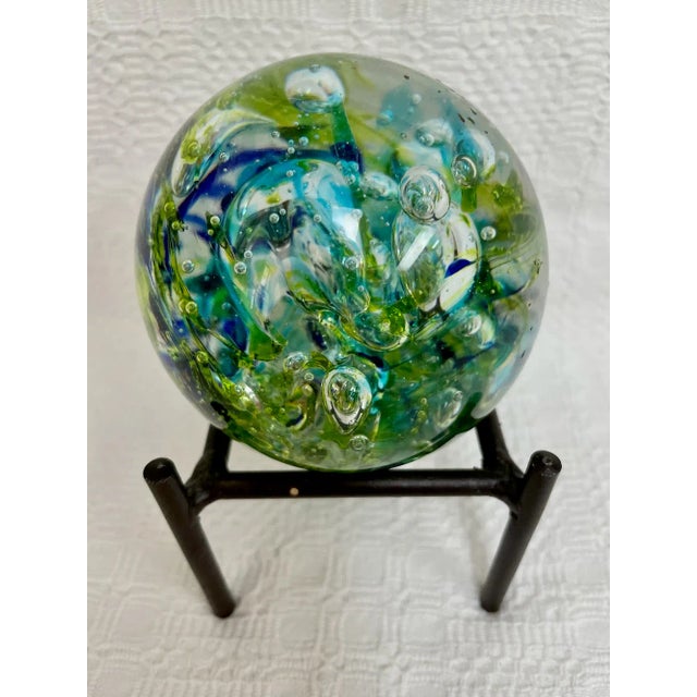 Jeff Price Hand Blown Art Glass Orb/Paperweight on Stand | Chairish