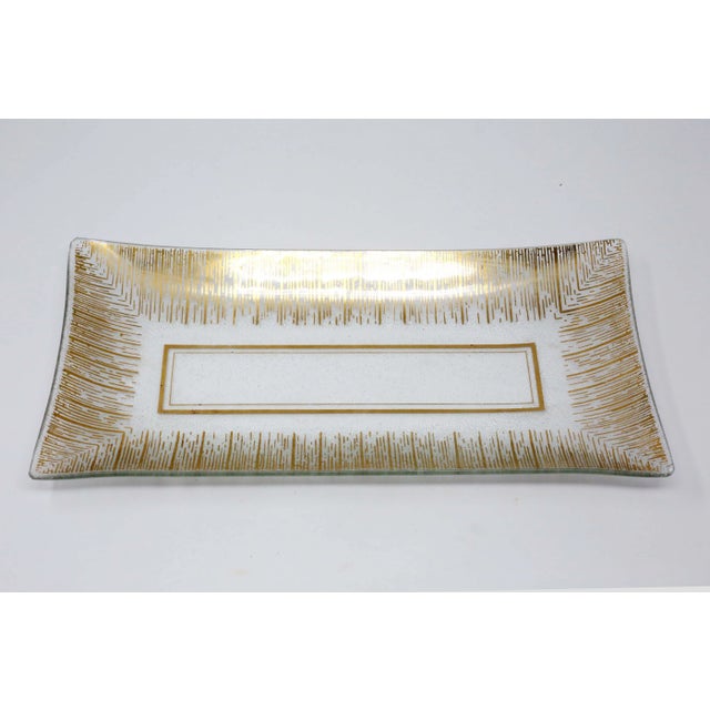 Mid-Century Rectangular Glass Bowl With Gold Lines Motif | Chairish