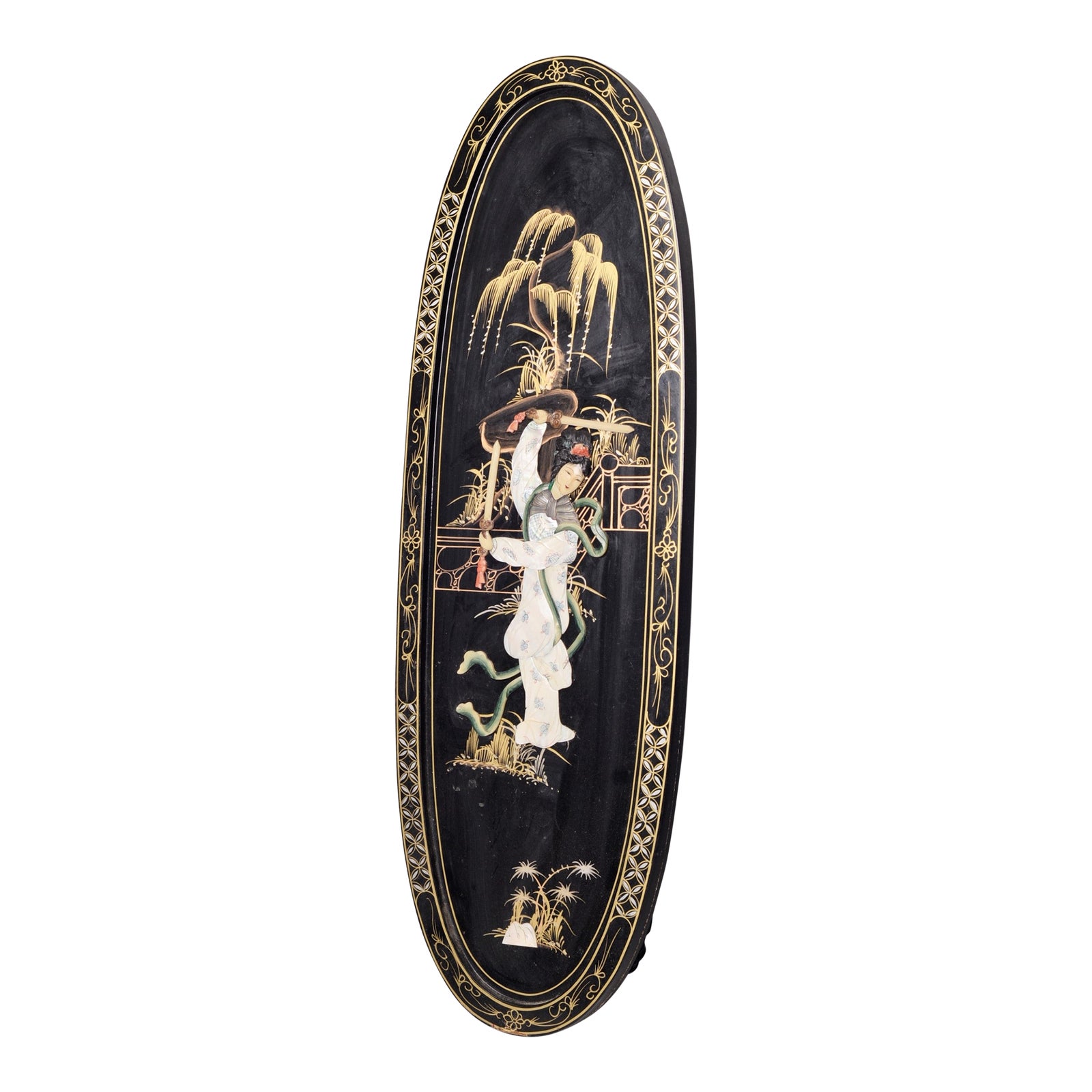 Chinoiserie Vintage Asian Panel Geisha Mother-of-Pearl Inlay | Chairish