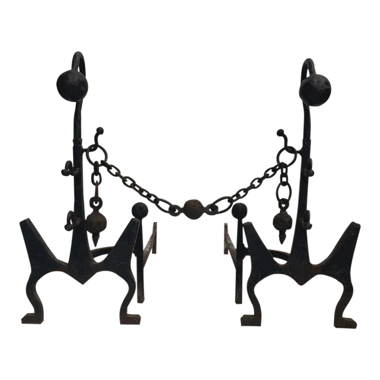 Antique Hand-Forged Wrought Iron Cannonball Andirons, Circa Early 19th ...