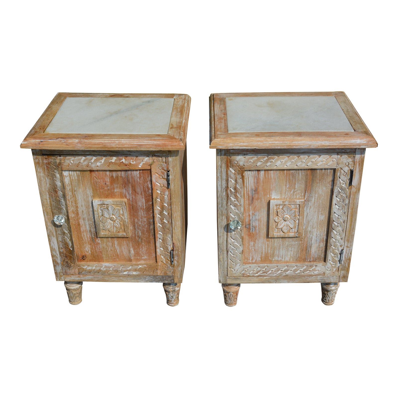 Pair Rustic Brown / White Distressed Wooden Nightstands With Marble ...