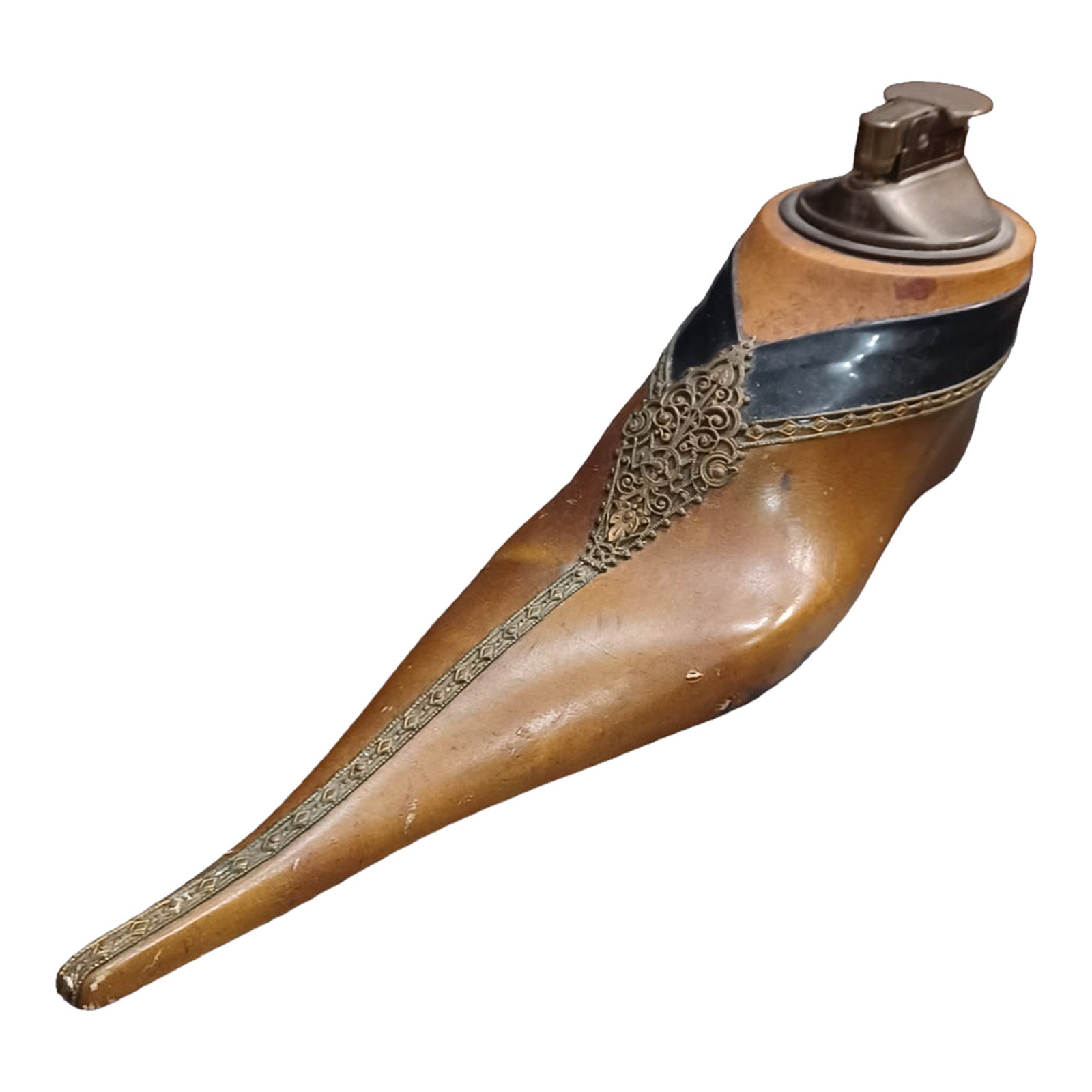Vintage Leather Covered Wood Shoe Lighter | Chairish