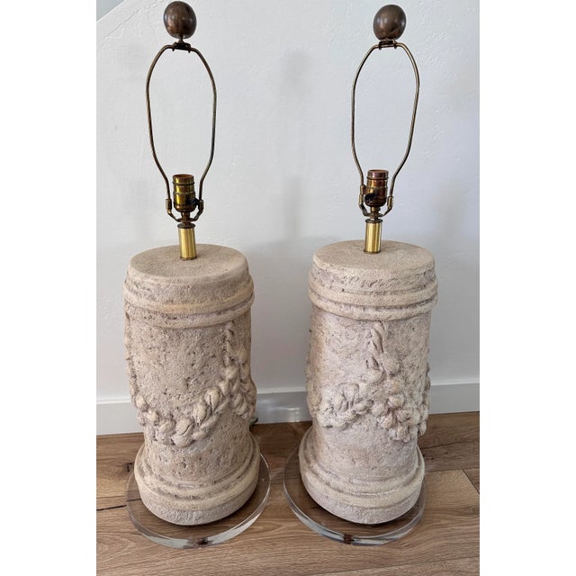 Stone Architectural Column Lamps With Lucite Base | Chairish