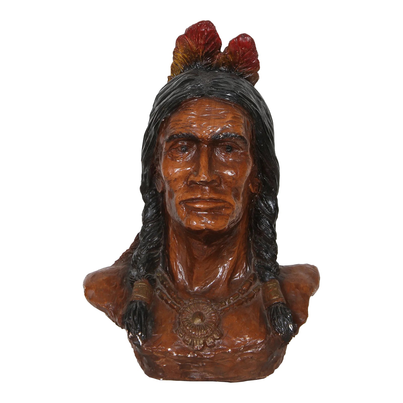 Native American Bust, Unknown Artist Painted Plaster Sculpture | Chairish