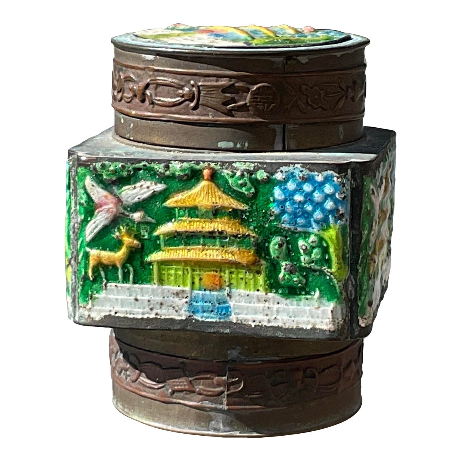 19th Century Chinese Brass Box With Glass Enamels in a Pagoda Design ...