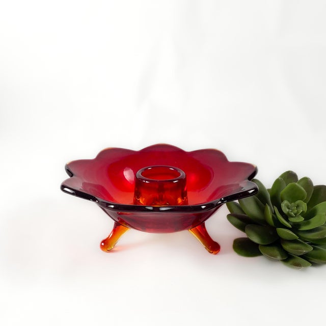 Fenton Ruby Amberina 3 Footed Candleholder | Chairish