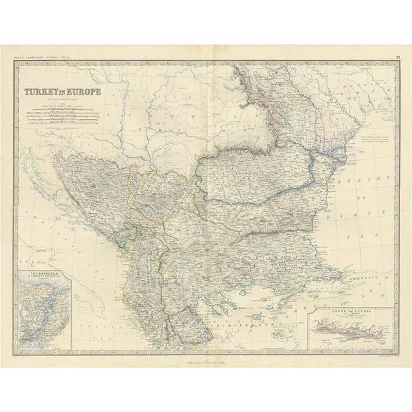 Antique Map of Turkey in Europe by A. K. Johnston, 1865 | Chairish