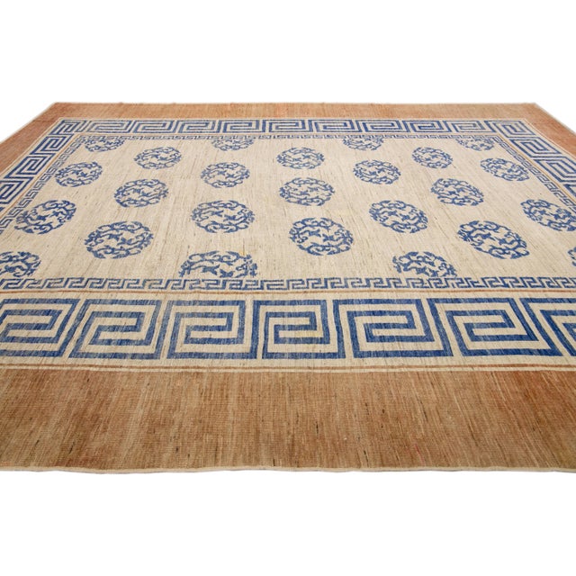Modern Handmade Blue Greek Key Pattern Beige Oversize Wool Rug | Chairish