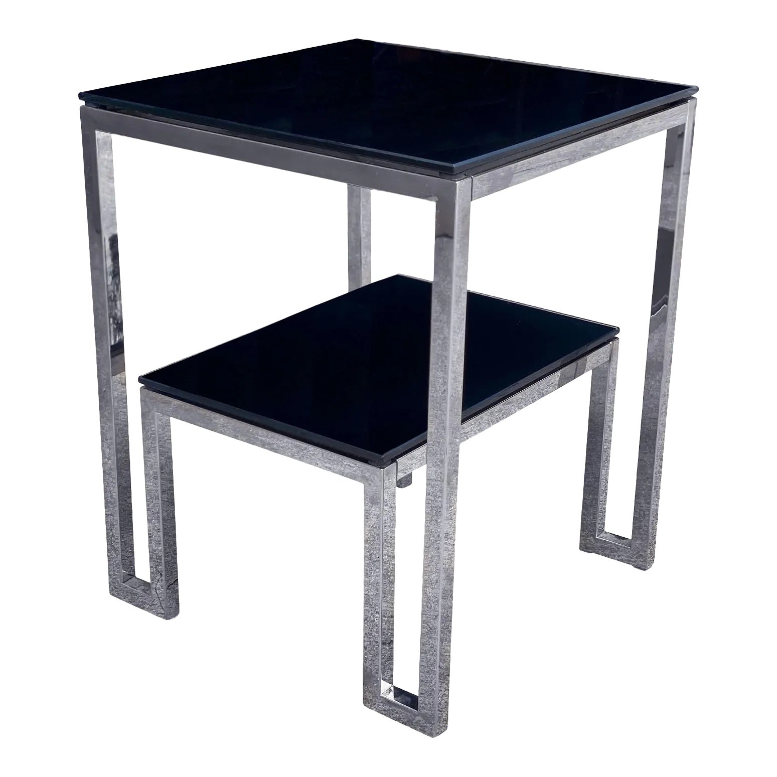 Post-Modern Sculpted Chrome & Black Glass Tiered Side Table | Chairish