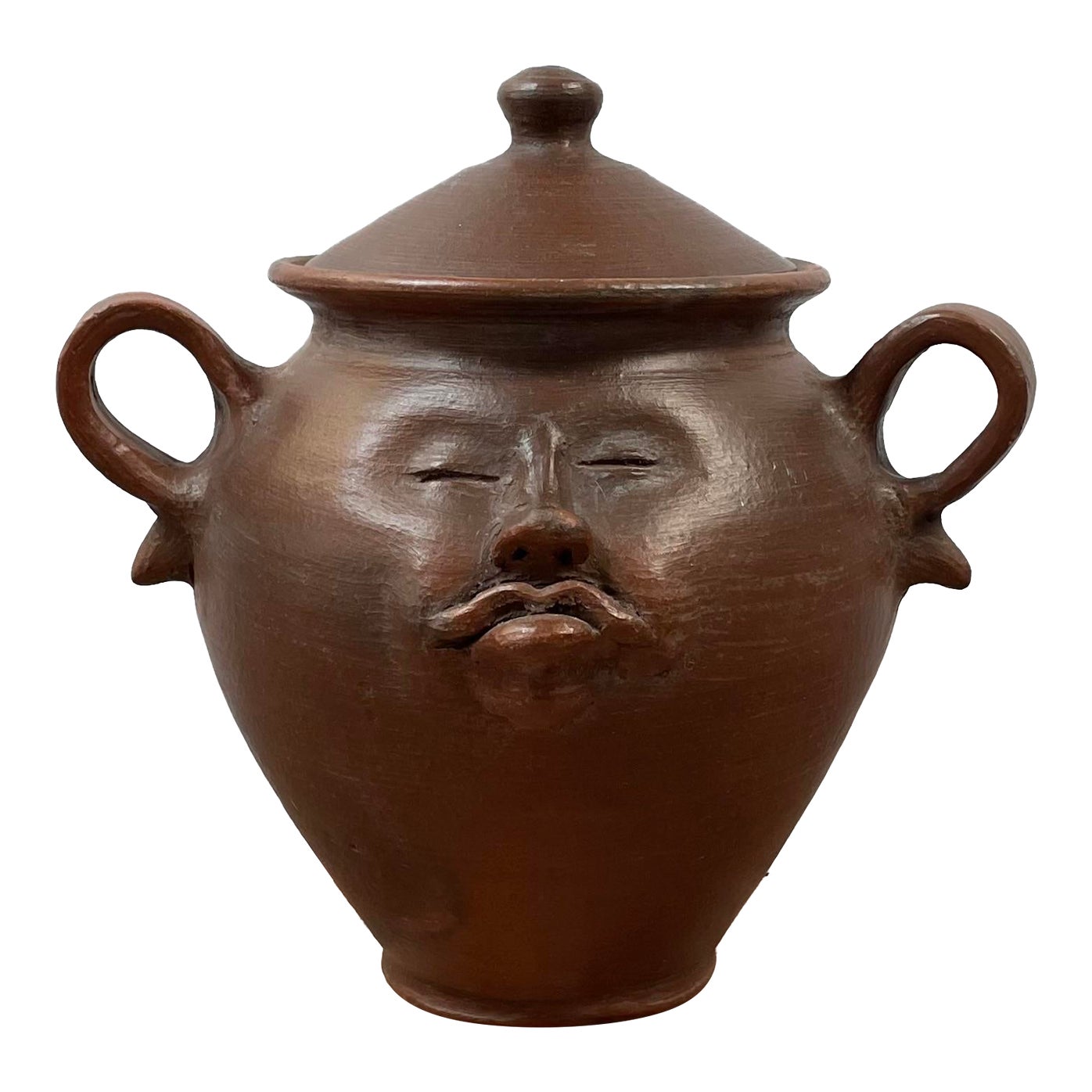 Hand Made Brown Clay Pottery Lidded Jar With Face | Chairish