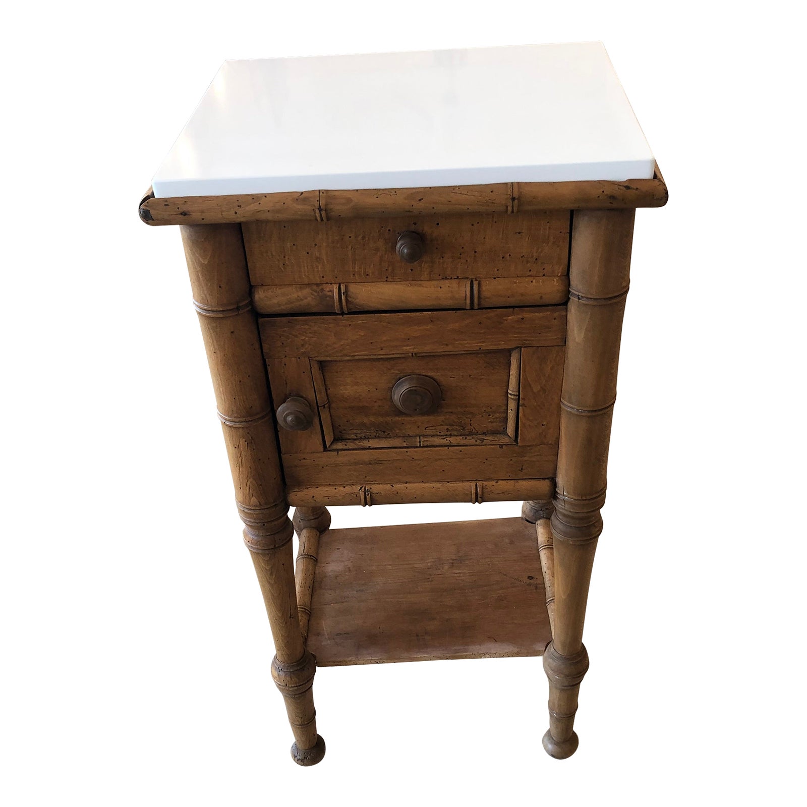 Antique Natural Pine Night Stand With White Marble Top | Chairish
