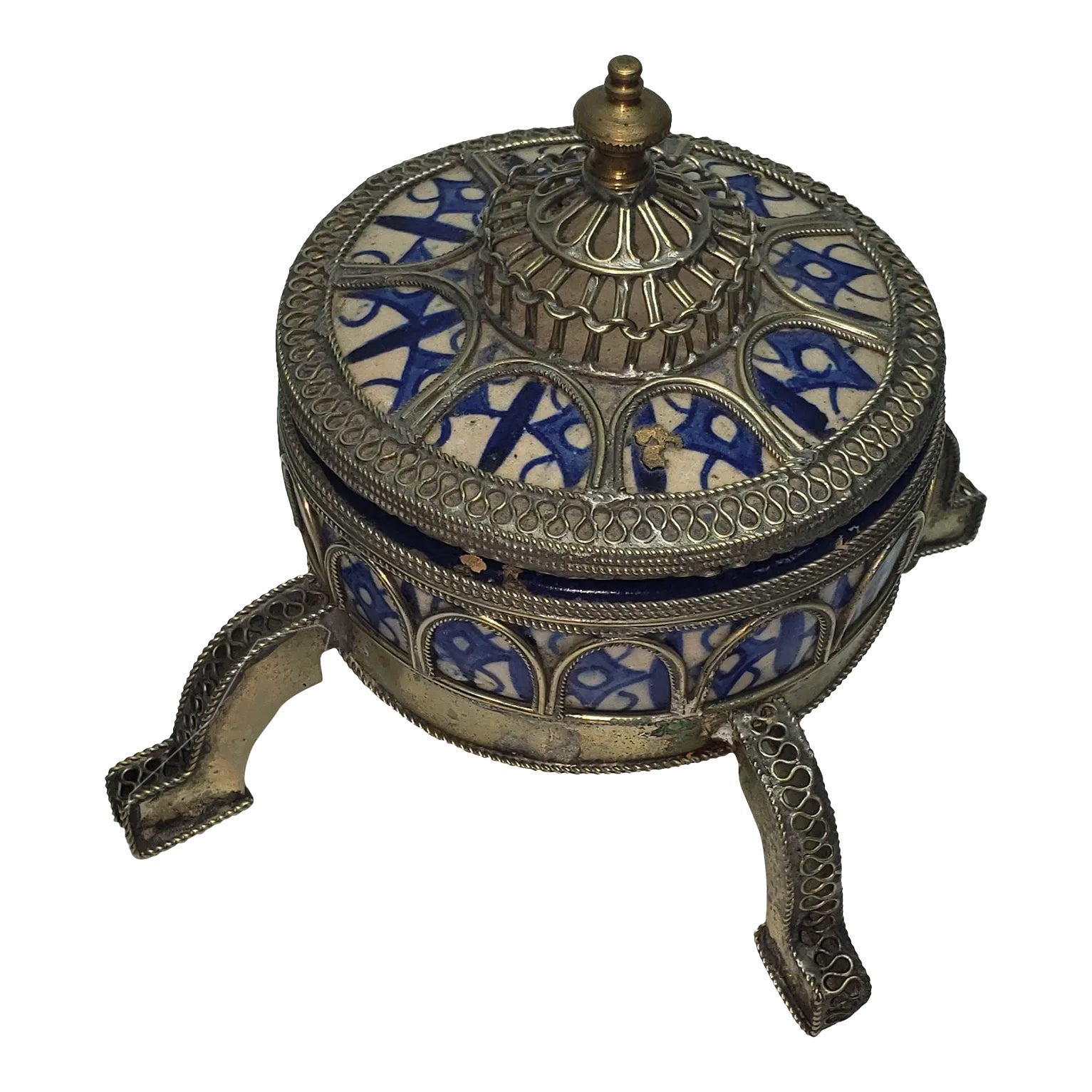 Antique Moroccan Fez Blue & White Porcelain Round Lidded Box Wrapped in ...