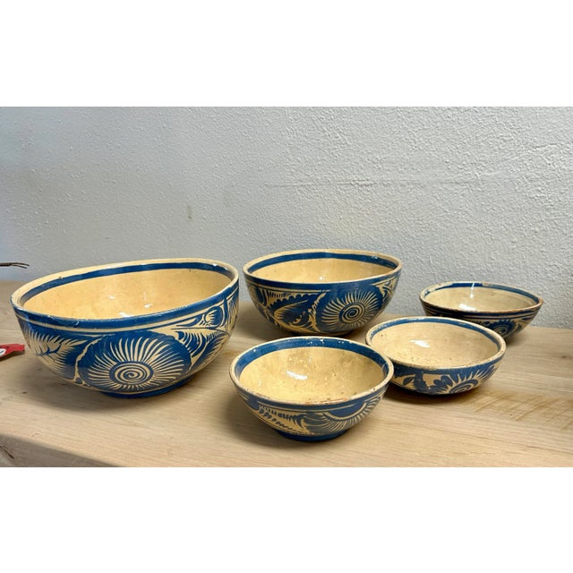 Vintage Mexican Hand Painted Blue and Almond Colored Pottery Bowls- 5 ...