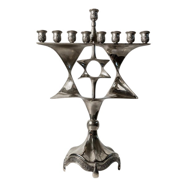 Mid-Century Silver-Plated Hanukkah Menorah with Rotating Star of David ...