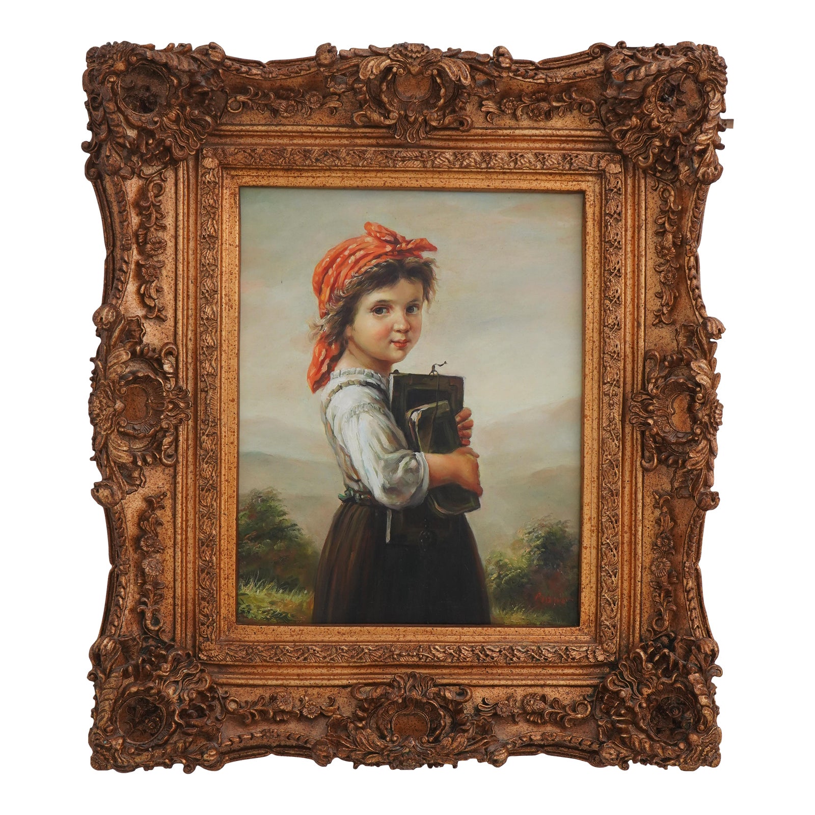 ‘The Little School Girl” Ornate Gilt Frame Oil Painting of Girl W ...