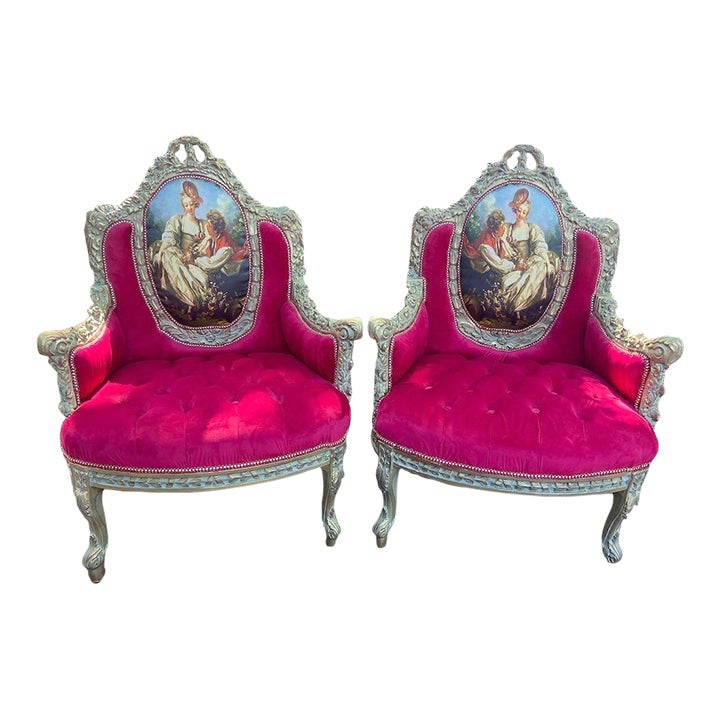 Vintage French Louis XVI Style Baroque Bergere Chairs in Red Tufted ...