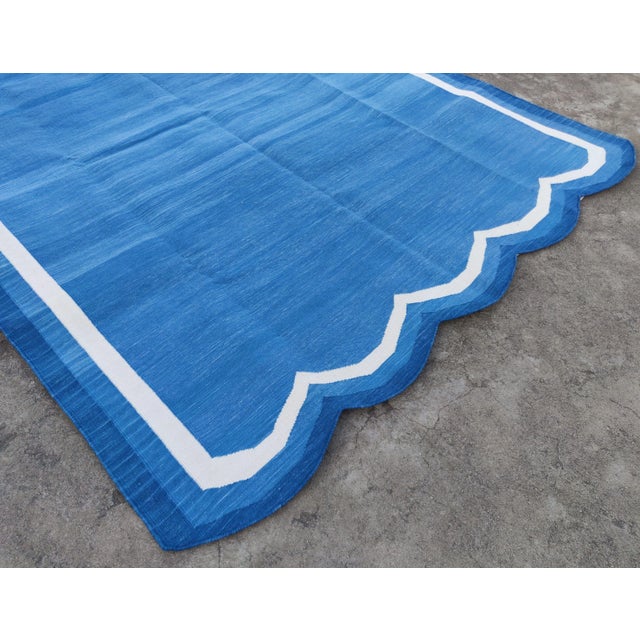 Handmade Cotton Vegetable Dyed Scalloped Edge Rug Blue With Cream and ...