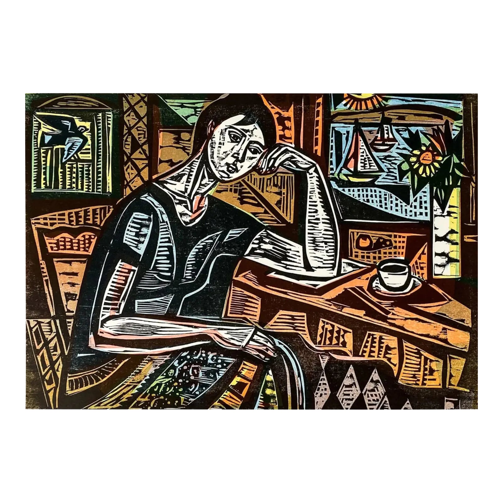 1960s Irving Amen Pensive Model Woodblock Artist's Proof | Chairish