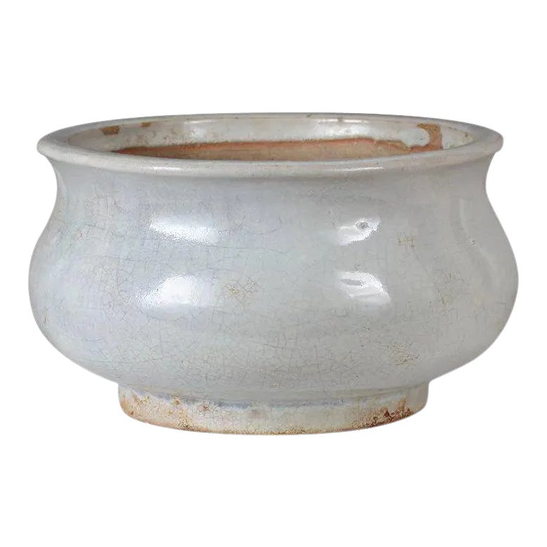 18th Century Chinese Monochrome White Glazed Bombe Shape Pottery Censer ...