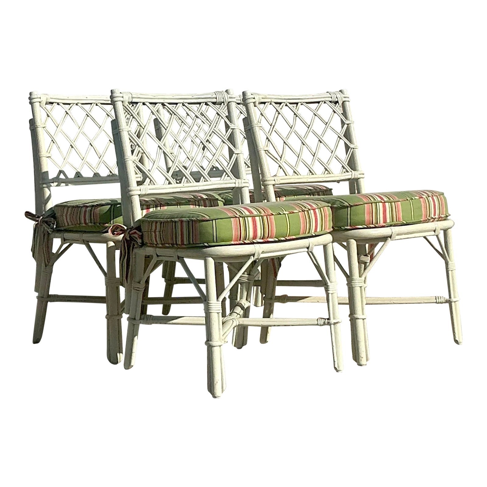 Vintage Coastal Trellis Rattan Dining Chairs - Set of 4 | Chairish