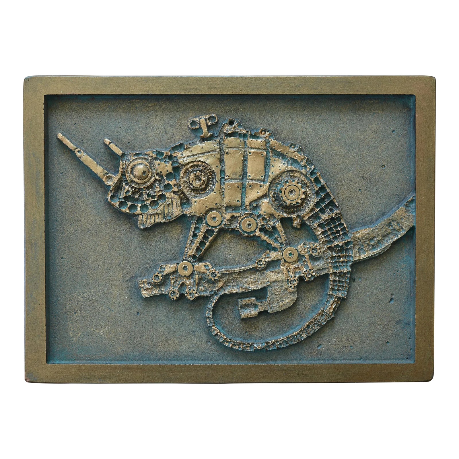 Signed Ceramic Steampunk Mechanical Relief Wall Art of Chameleon Lizard ...