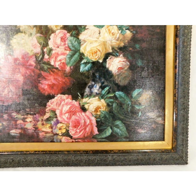 Vintage Floral Roses Print on Board Ornate Carved Wood Frame Wall Decor ...