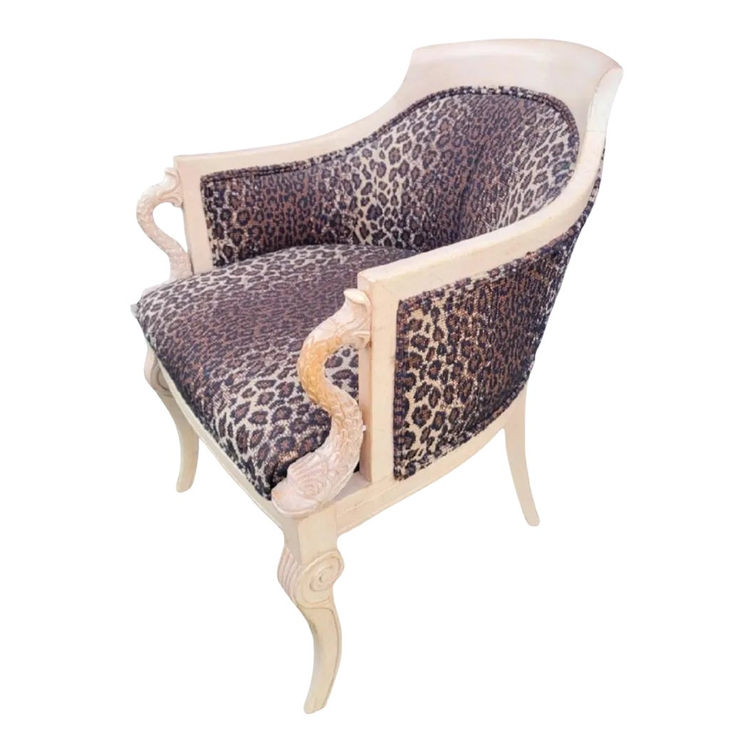 Vintage Koi Fish Arm Carved Wood Leopard Upholstered Blonde Wood Carved ...