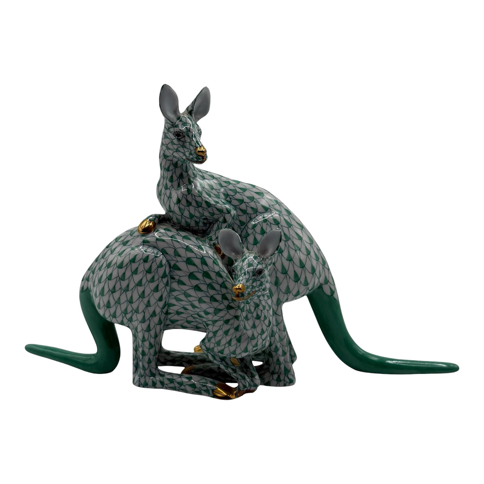 Vintage Herend Hungary Green Fishnet Porcelain Kangaroo & Joey Figurine ...
