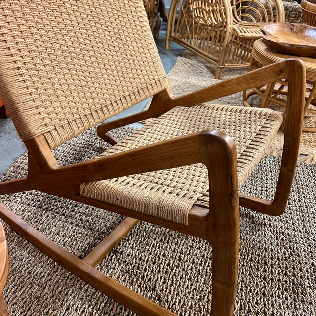 Boho Chic Teak and Natural Rope Rocking Chair | Chairish