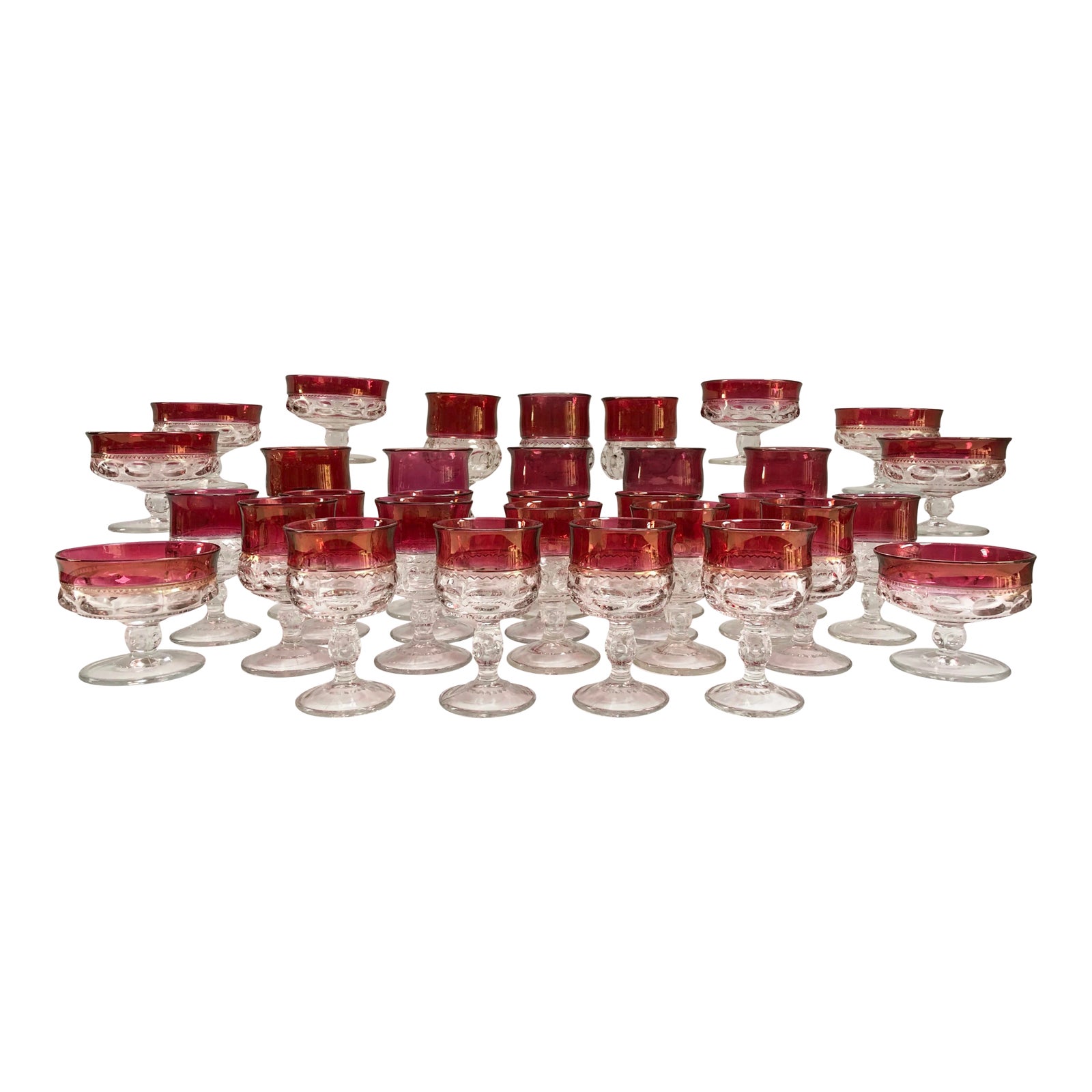 Vintage Pink Cranberry King's Crown Glassware Set - Set of 32 | Chairish