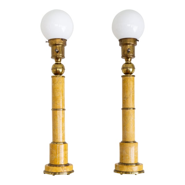 Pair of Yellow Art Deco Italian Giallo Siena Marble Column Table Lamps ...