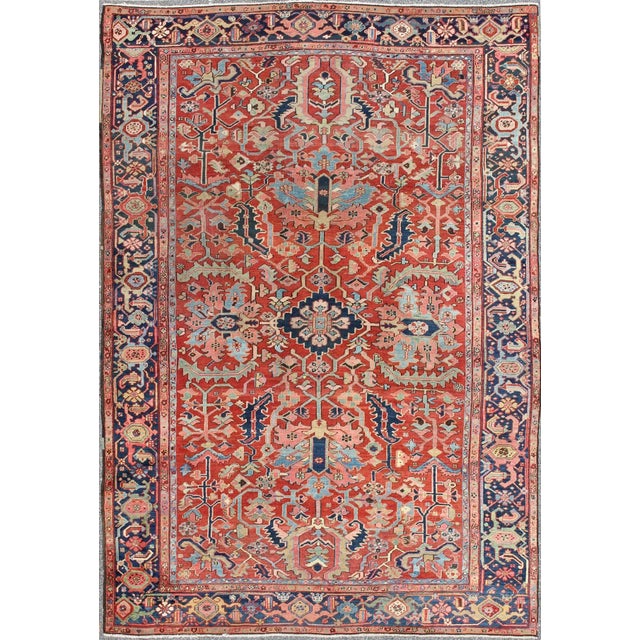 Antique Persian Medallion Serapi Rug With Red Background and Blue ...