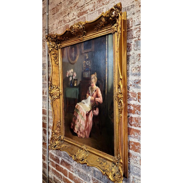 Emil Pap-Woman Sawing by the Window in an Elegant Home Interior-Oil ...