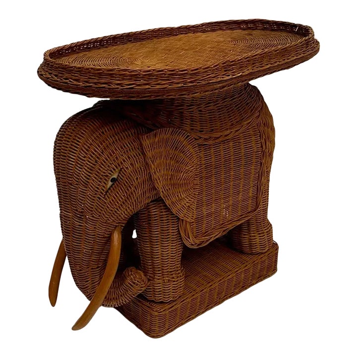 Vintage Natural Wicker Elephant Tray Top End Table | Chairish