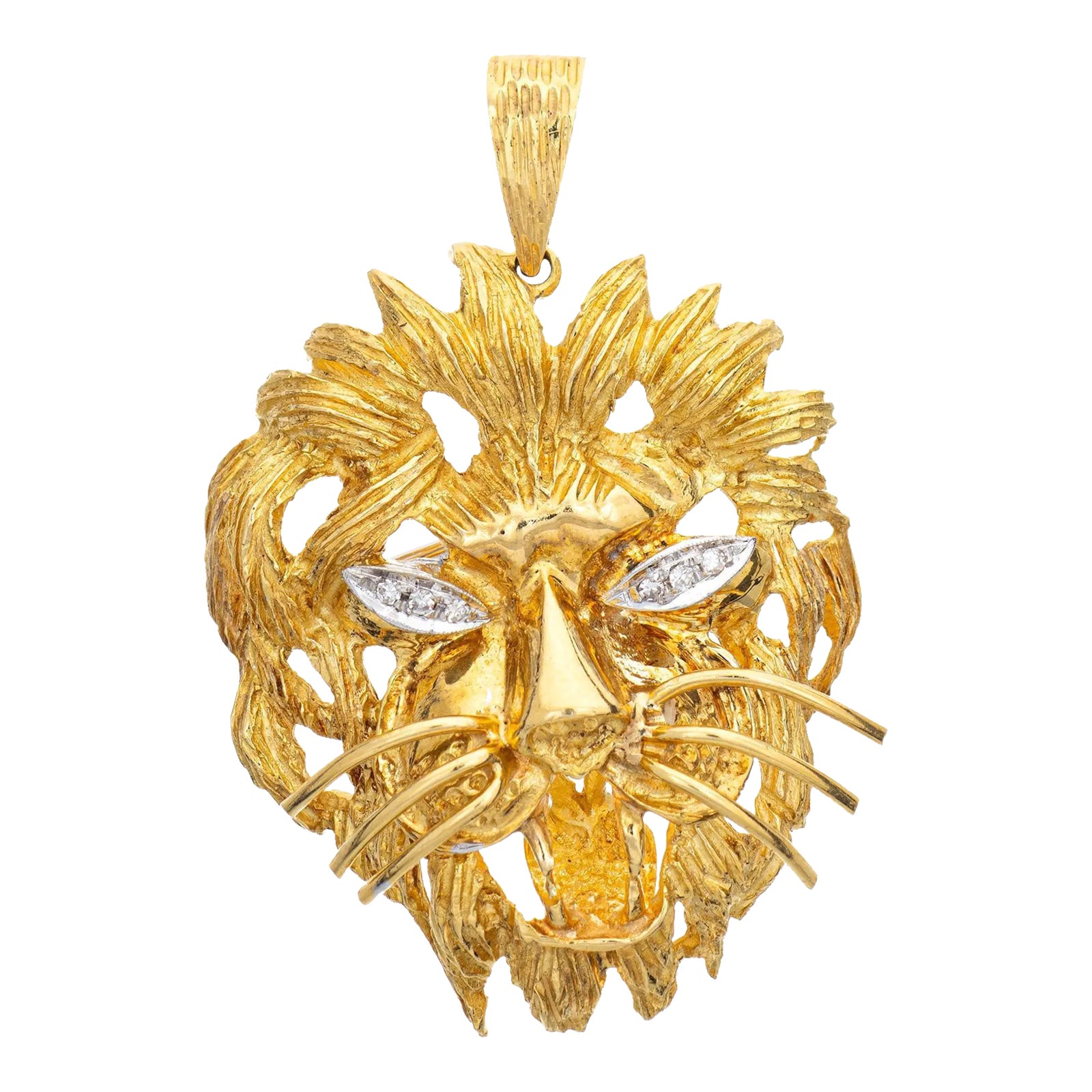 Vintage Lion Pendant Large Head Diamond Eyes 18 Karat Yellow Gold ...