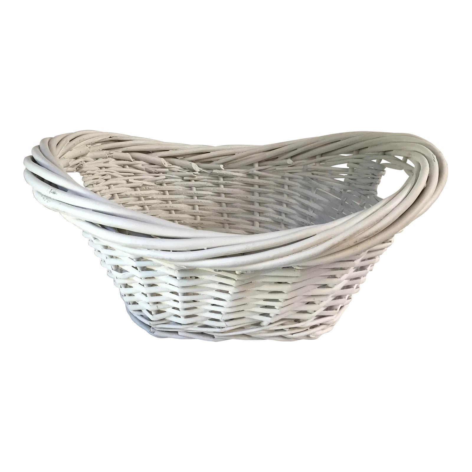 Vintage White Wicker Handled Basket | Chairish