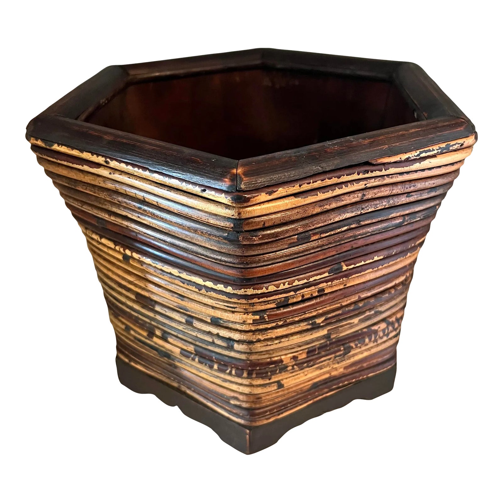 Split Reed Bamboo Rattan Hexagon Shaped Planter | Chairish