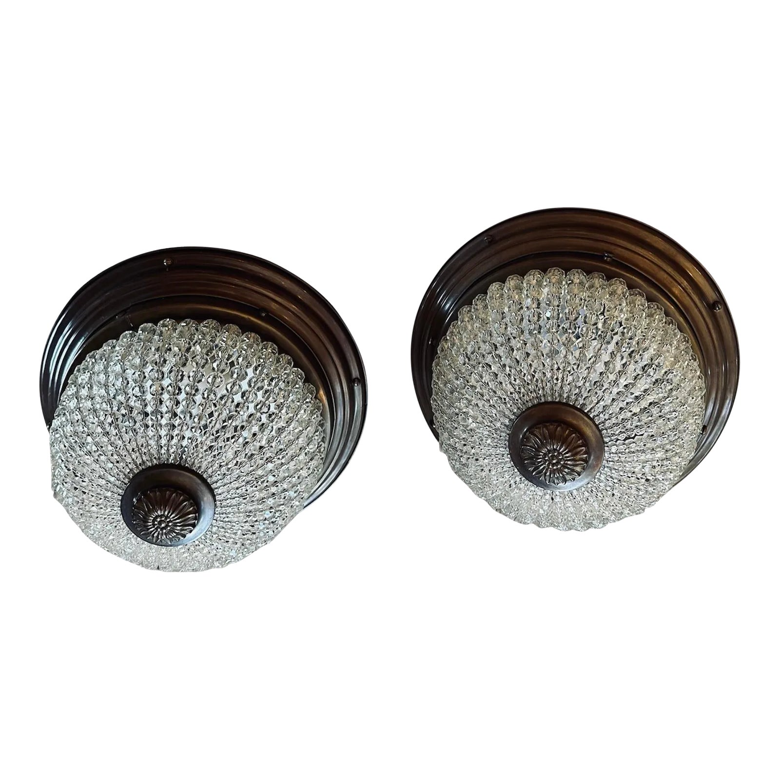 Pair of Cut Crystal Ball Dome Flush Mount Fixtures on Brass Patina ...