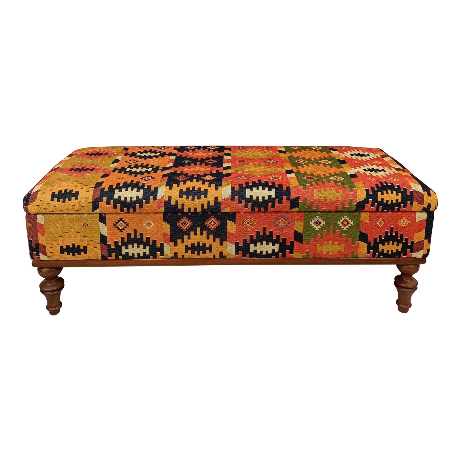 Orange Aztec Rug Printed Fabric Upholstered Storage Bench | Chairish