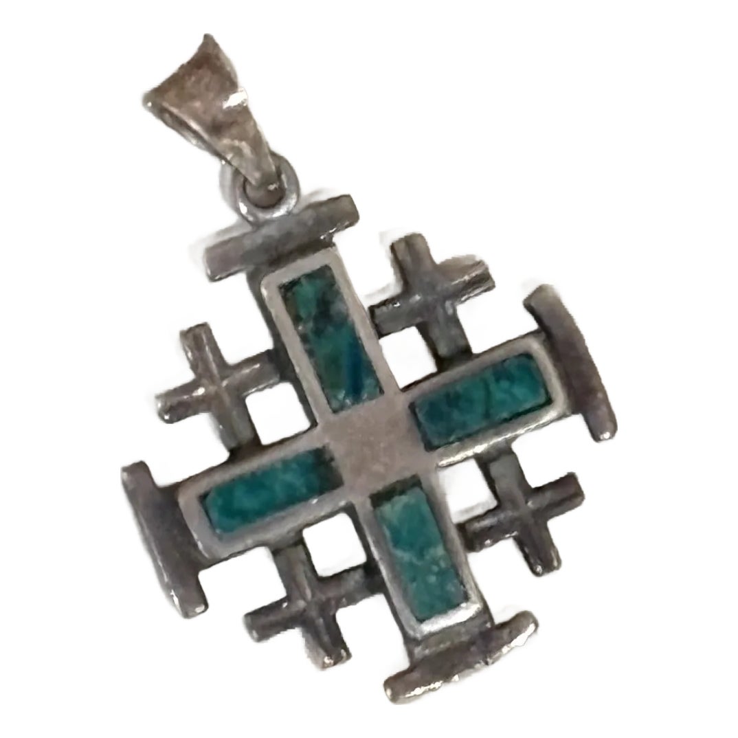 Sterling Silver 925 Jerusalem Cross Pendant W/ Turquoise Inlay | Chairish