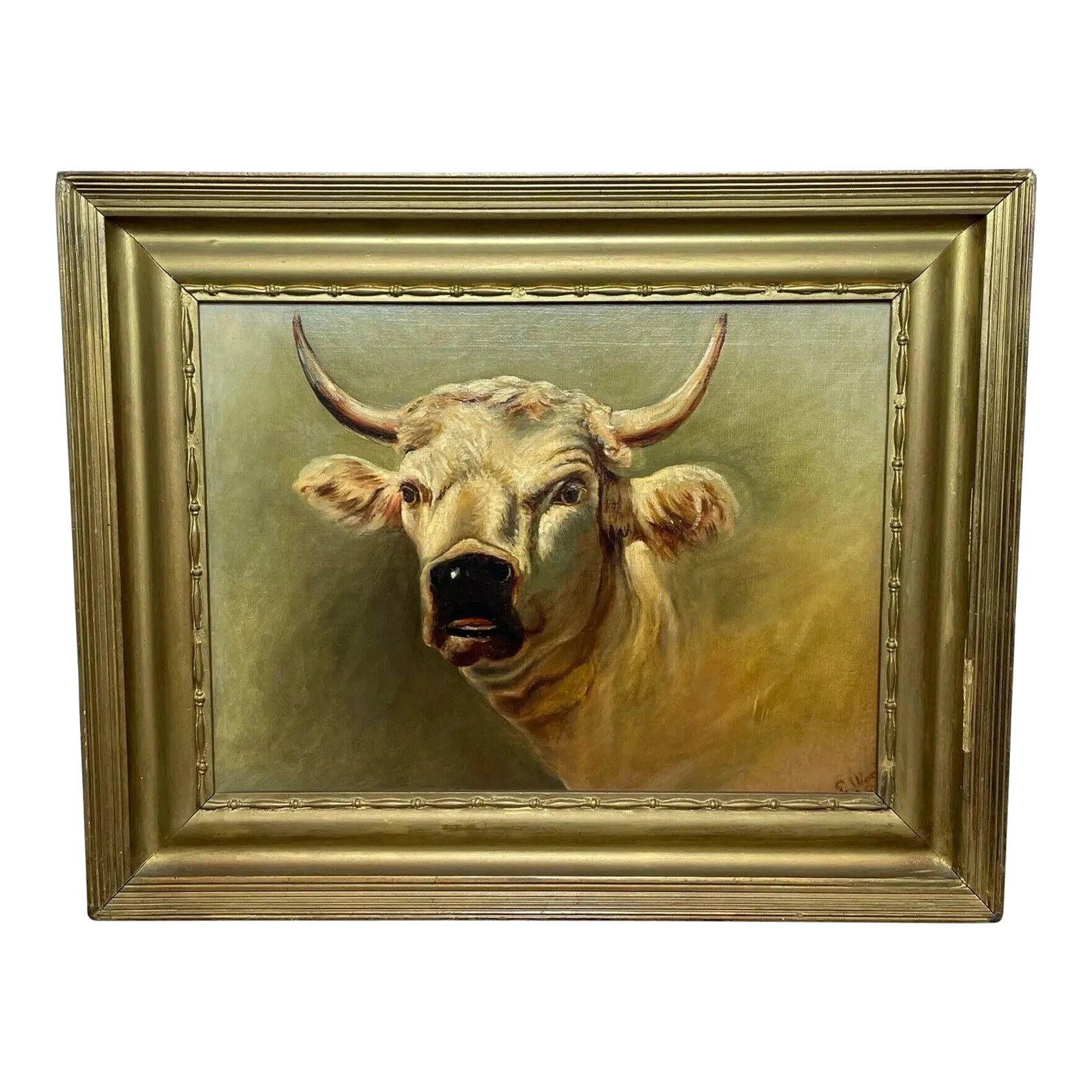 Antique British Victorian Oil Painting Prized Country Farm Animal Bull ...